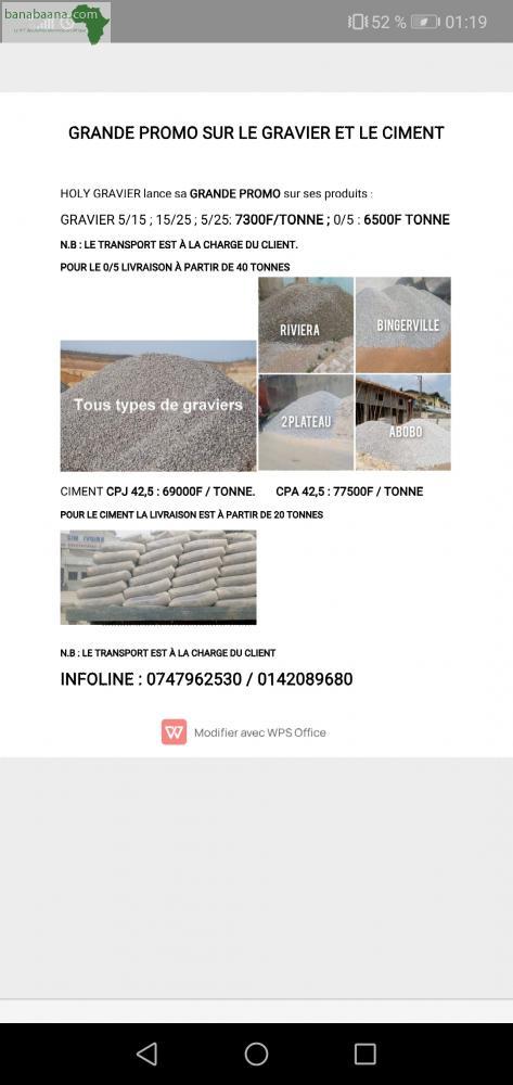 Matériel de construction VENTE DE GRAVIER ET CIMENT Abidjan - Banabaana